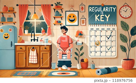 A cheerful scene of a man sitting on the toilet...のイラスト素材 [118976756 ...