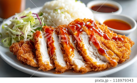 Crispy chicken cutlet with rice and salad on a...のイラスト素材 [118979343 ...