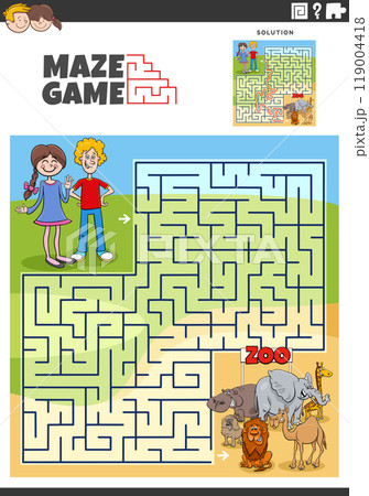 maze game activity with cartoon teens and zoo...のイラスト素材 [119004418] - PIXTA