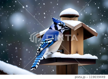 Colorful blue jay perched on a snow covered...のイラスト素材 [119039449] - PIXTA