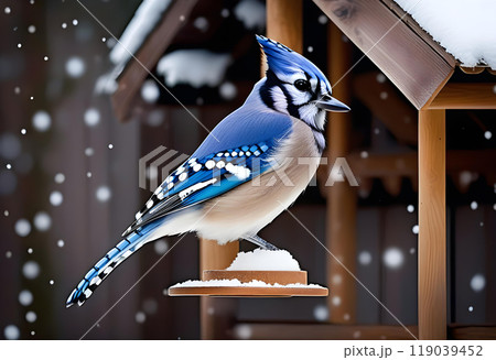 Colorful blue jay perched on a snow covered...のイラスト素材 [119039452] - PIXTA