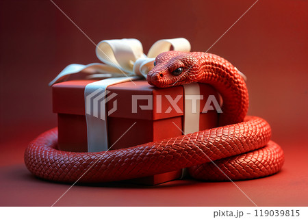 Red snake wrapped around red gift box.のイラスト素材 [119039815] - PIXTA