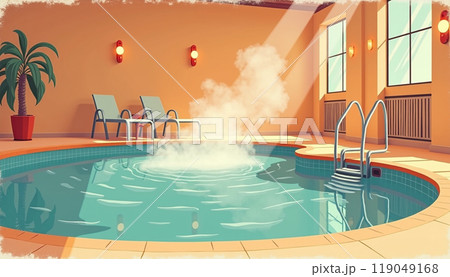 Steaming pool with loungers and warm lightingのイラスト素材 [119049168] - PIXTA