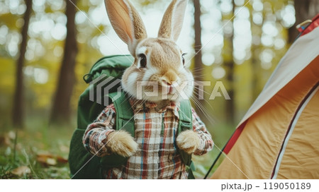 Rabbit camper with a backpack in a forest settingのイラスト素材 [119050189 ...