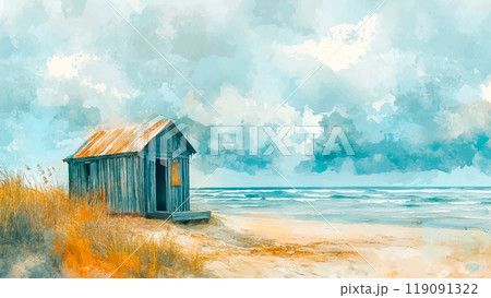 Beach Shack Horizontal Background Watercolor...のイラスト素材 [119091322] - PIXTA