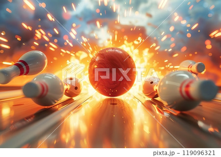 Bowling hit with fire sparks explosion. Concept...のイラスト素材 [119096321 ...