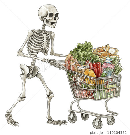 Skeleton Pushing Shopping Cart Full of Groceriesのイラスト素材 [119104582] - PIXTA