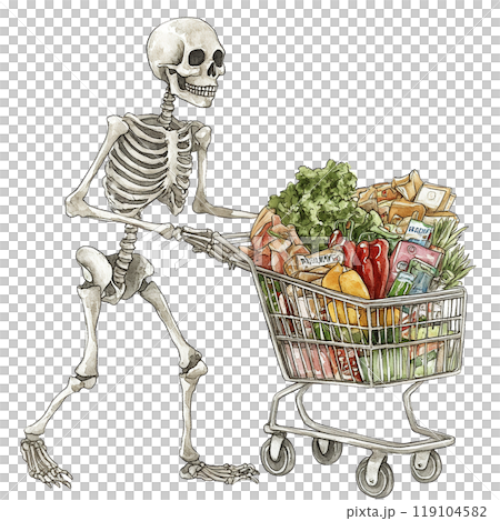 Skeleton Pushing Shopping Cart Full of Groceriesのイラスト素材 [119104582] - PIXTA