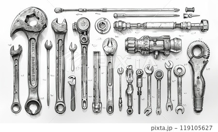 A detailed outline of a variety of tools and...のイラスト素材 [119105627] - PIXTA