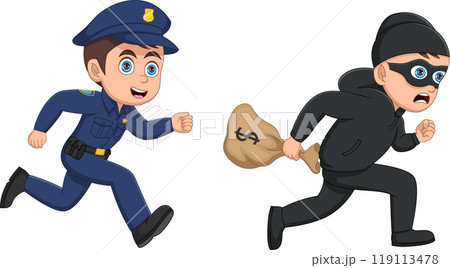 Cartoon police chasing a thief with moneyのイラスト素材 [119113478] - PIXTA