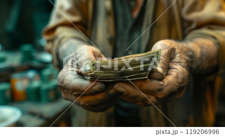 Elderly hands holding a stack of cash. Close-up...のイラスト素材 [119206996 ...