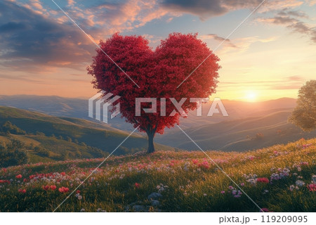 A heart shaped tree stands in a colorful meadow...のイラスト素材 [119209095 ...