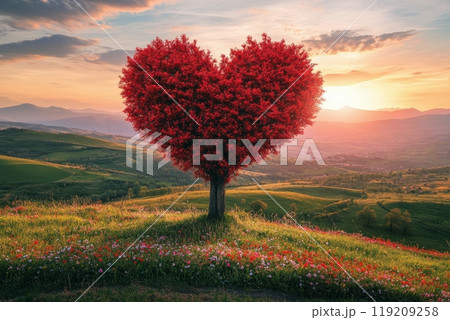 A heart shaped tree stands in a colorful meadow...のイラスト素材 [119209258 ...