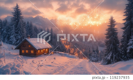 Fireworks exploding above cozy log cabin in...のイラスト素材 [119237935] - PIXTA