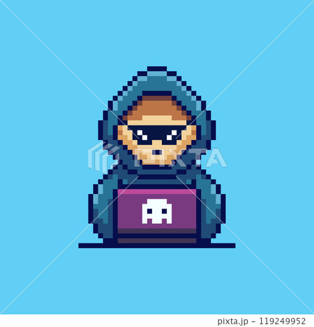 Pixel art Hacker with Laptop in Hood game asset...のイラスト素材 [119249952 ...