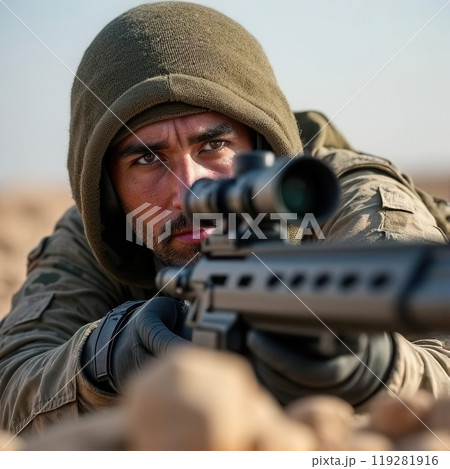 A soldier in tactical gear lies prone in a...のイラスト素材 [119281916] - PIXTA