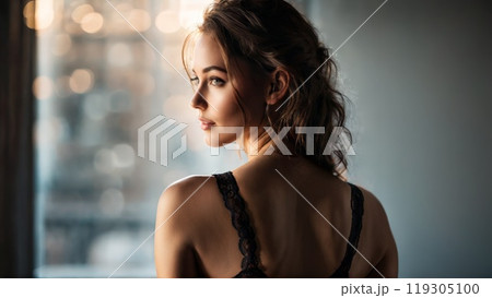Black lace lingerie back view of a woman with...のイラスト素材 [119305100] - PIXTA