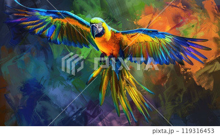 A colorful parrot flies with wings spread in...のイラスト素材 [119316453] - PIXTA