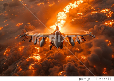 Fighter plane flying in sky in fire and flamesのイラスト素材 [119343611] - PIXTA