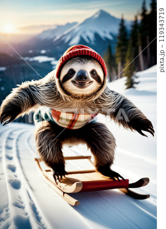 A smiling sloth in a winter hat is having fun...のイラスト素材 [119343719] - PIXTA