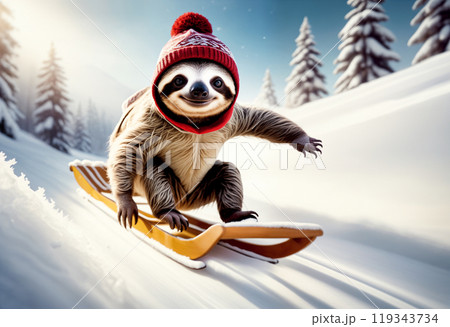 A smiling sloth in a winter hat is having fun...のイラスト素材 [119343734] - PIXTA
