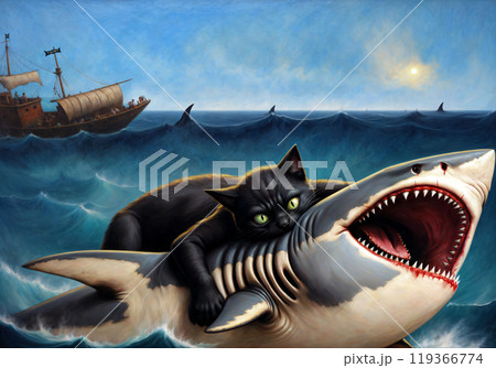 Angry black pirate cat attacks great white...のイラスト素材 [119366774] - PIXTA