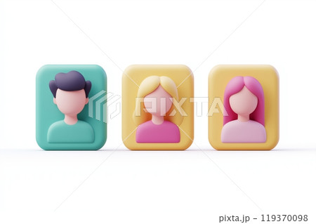 Three 3D icons of users, each in teal, yellow,...のイラスト素材 [119370098 ...