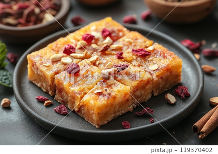 Square pieces of nut topped halwa garnished...のイラスト素材 [119370402] - PIXTA