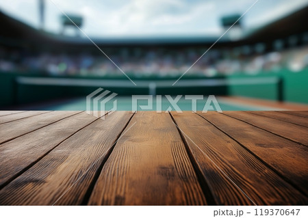 An outdoor tennis stadium with a wooden deck in...のイラスト素材 [119370647 ...