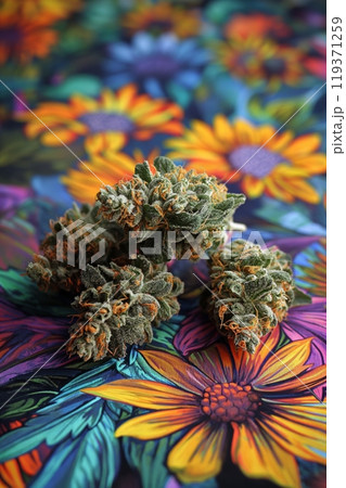 Colorful cannabis buds on a vivid floral...のイラスト素材 [119371259] - PIXTA