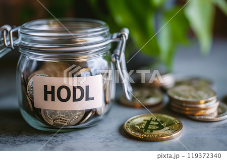 glass jar with bitcoins, bitcoin hodl conceptのイラスト素材 [119372340] - PIXTA