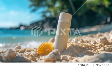 A sunscreen bottle stands upright on soft,...のイラスト素材 [119376882] - PIXTA