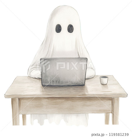 Ghost Sitting at Desk and Typing Away on Laptopのイラスト素材 [119381239] - PIXTA