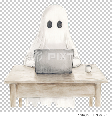 Ghost Sitting at Desk and Typing Away on Laptopのイラスト素材 [119381239] - PIXTA