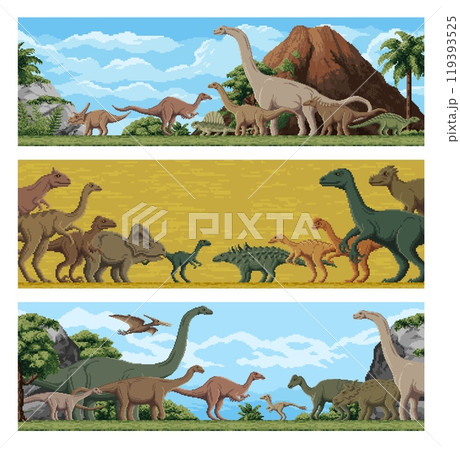 8 bit pixel art dinosaurs and cartoon Jurassic...のイラスト素材 [119393525 ...
