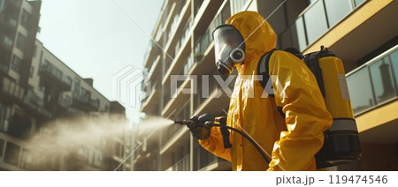 Pest control worker spraying along a building's...のイラスト素材 [119474546 ...