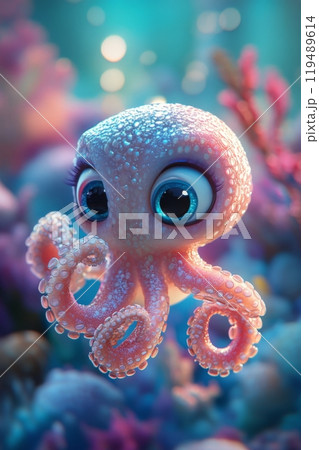 A lively octopus, adorned with bright pink...のイラスト素材 [119489614] - PIXTA