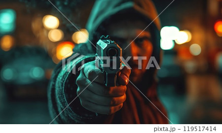 Hooded man holds hand gun and points it to the...のイラスト素材 [119517414 ...