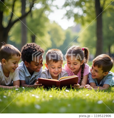 Children are joyfully reading a book together...のイラスト素材 [119522906] - PIXTA