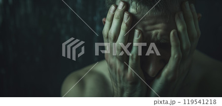 Man covering face in despair, dark moody...のイラスト素材 [119541218] - PIXTA