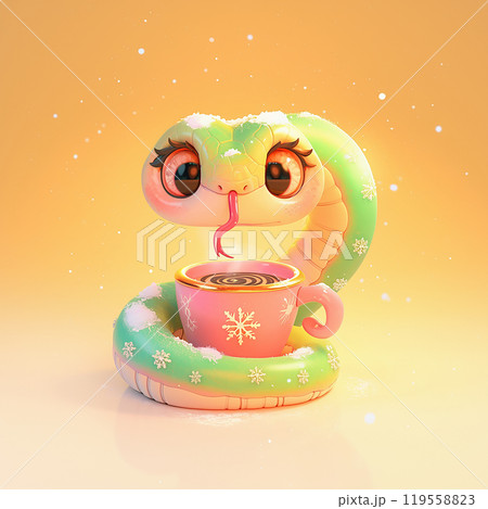 A cartoon snake is holding a cup of coffee. The...のイラスト素材 [119558823 ...