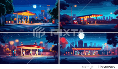 Night petrol station cartoon concepts. City...のイラスト素材 [119566905] - PIXTA