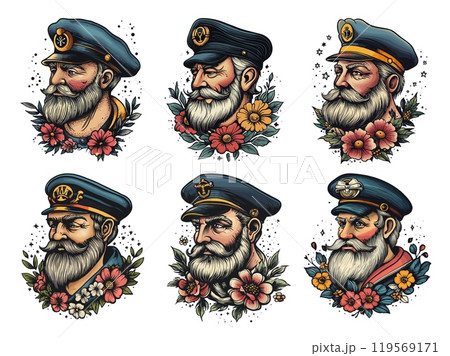 Sailors tattoos. Fisherman or captain head with...のイラスト素材 [119569171 ...