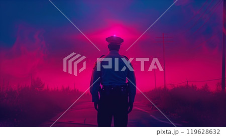 A police officer stands alone on an empty road...のイラスト素材 [119628632 ...