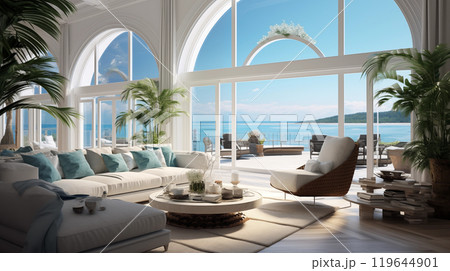 Interior with large window sea viewのイラスト素材 [119644901] - PIXTA