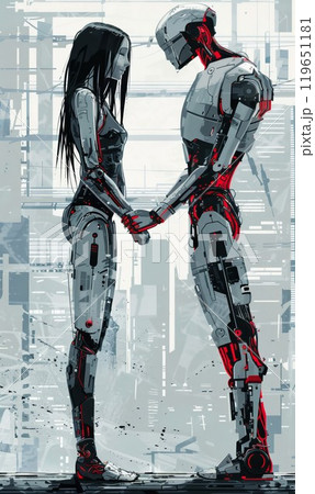 two robots hugging and looking in eyes, cyborg...のイラスト素材 [119651181 ...