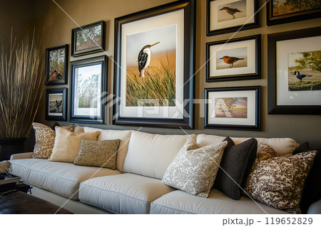 stylish gallery wall in modern living room with...のイラスト素材 [119652829 ...