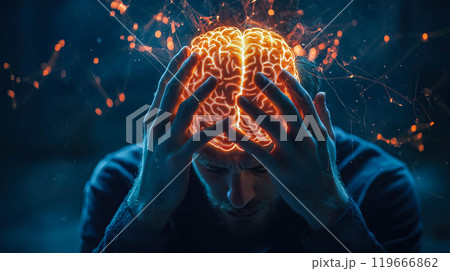 A man is depicted with his hands clutching his...のイラスト素材 [119666862 ...