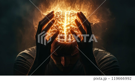 A man is depicted with his hands clutching his...のイラスト素材 [119666992 ...