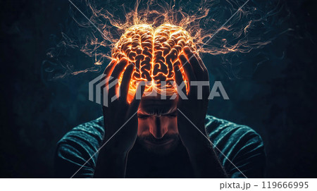 A man is depicted with his hands clutching his...のイラスト素材 [119666995 ...